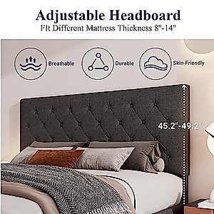 Allewie Queen Bed Frame with Adjustable Headboard/Diamond Stitched Button Tufted/Fabric Upholstered Platform Bed Frame/Wood Slat Support/No Box Spring Needed/Easy Assembly, Dark Grey