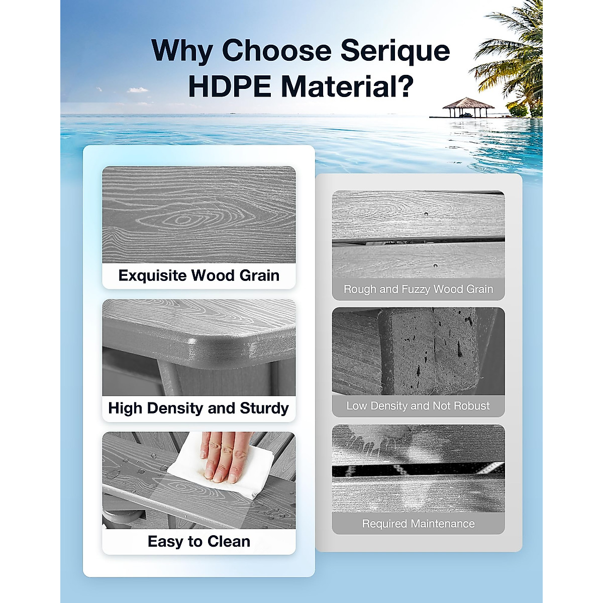 Serique Folding Adirondack Chair Wood Texture, Patio Chair Weather Resistant, Outdoor Chair, Lawn Chair with Cup Holder, Fire Pit Chair for Deck, Outdoor, Porch, Backyard, Garden (Grey)