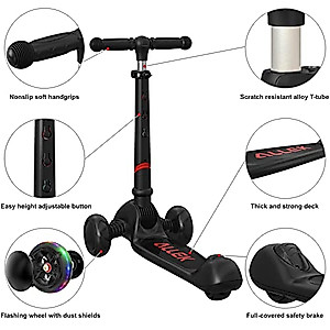 Allek Kick Scooter Foldable F02, 3-Wheel LED Flashing Glider and 4 Adjustable Height with Anti-Slip Thick Deck Push Scooter for Children 3-12yrs (Black)