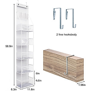 Fixwal 6-Shelf Over The Door Hanging Pantry Organizer Hanging Storage with Clear Plastic Pockets Slim Door Shelf Behind The Door Storage with 3 Small PVC Pockets for Closet Bedroom Bathroom (White)