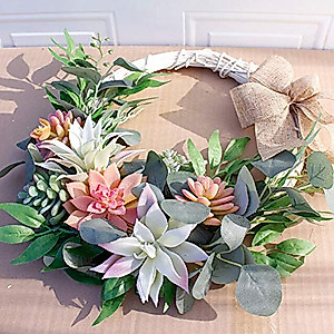 SYLOTS Artificial Succulent Wreath Door with Knotted Bow, Lrnn Fake Leaves Wreath Succulent Plants Hanging Wall Window Party Decoration for The Front Door, Home Decor in Summer and Fall, Weddings