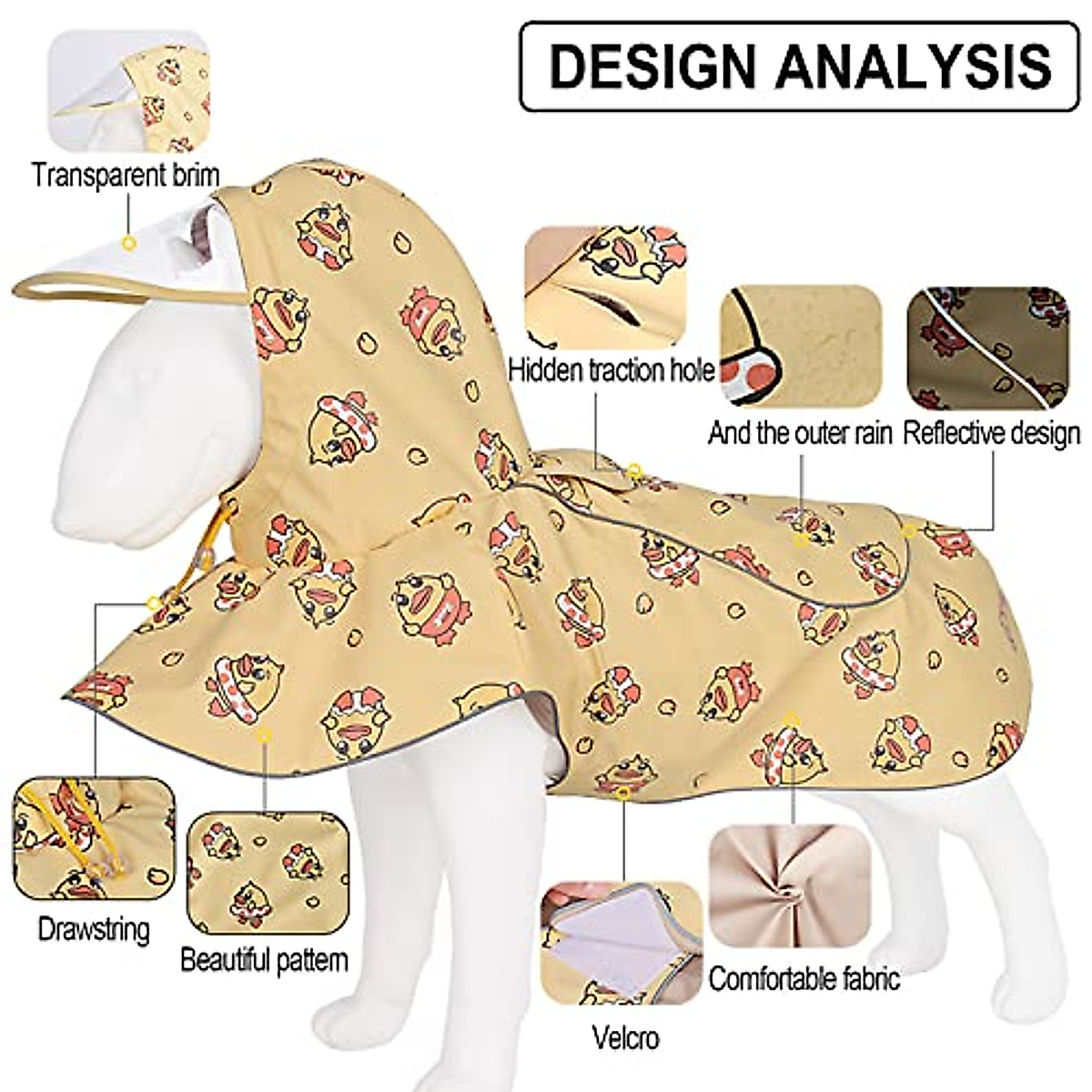 UVTQSSP Reflective Dog Raincoat with Adjustable Hooded and Hook & Loop, Waterproof Slicker, Lightweight Rain Poncho Pattern Dog Jacket for Size Small and Large Puppies Yellow M