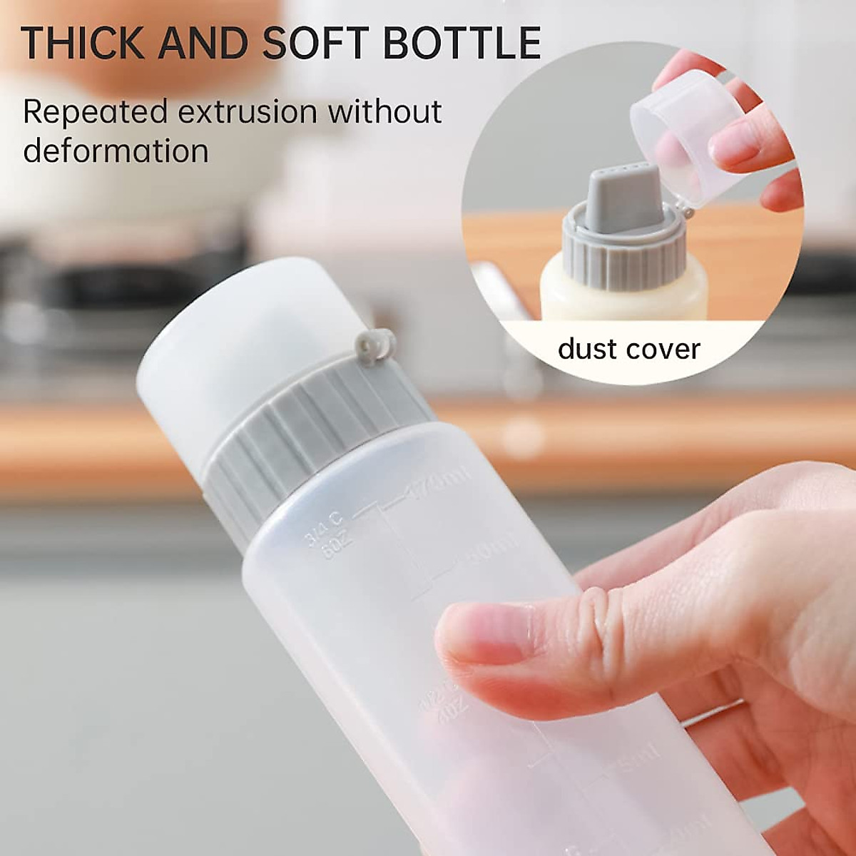 EUBUY 5-hole Squeeze Bottle for Sauces, Plastic Sauce Bottle with Lid and Graduations, Home Kitchen Condiment Squeeze Bottle for Ketchup, Salad, BBQ Sauce, Oil, Syrup, Condiments