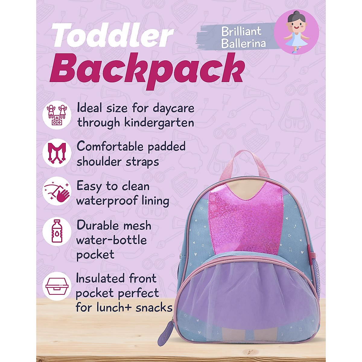 JOY2B Toddler Backpack for Girls and Boys - Ballerina Backpack for Girls and Boys - Kids Backpack for School Camp Travel - Preschool Backpack with Water Bottle Holder - Brilliant Ballerina