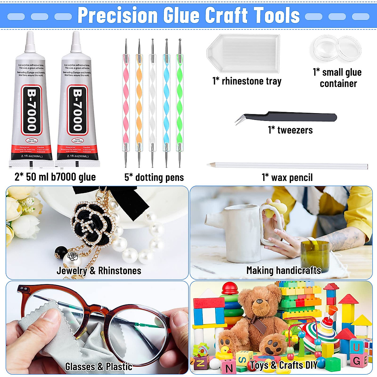 B-7000 Clear Glue Adhesive for Crafting, Industrial Strength Semi Fluid B7000 Glue with Precision Applicator Tips, Art Dotting Stylus Pens for DIY Rhinestone Jewelry Bead Making(2 PCS, 50 ML/ 2.1 oz)