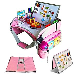 Activitee time Kids Car Seat Tray for Travel - Trip Essentials, Portable Table for Eating & Activities, w/ Multiple Pockets for Toys - Ages 2-8, Pink