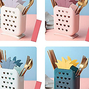 Kichvoe Kitchen Utensils Holder Pineapple Shaped Silverware Organizer Plastic Chopsticks Caddy Coffee Bar Countertop Organizer Spoon Chopsticks Cup with Drain Hole - Pink