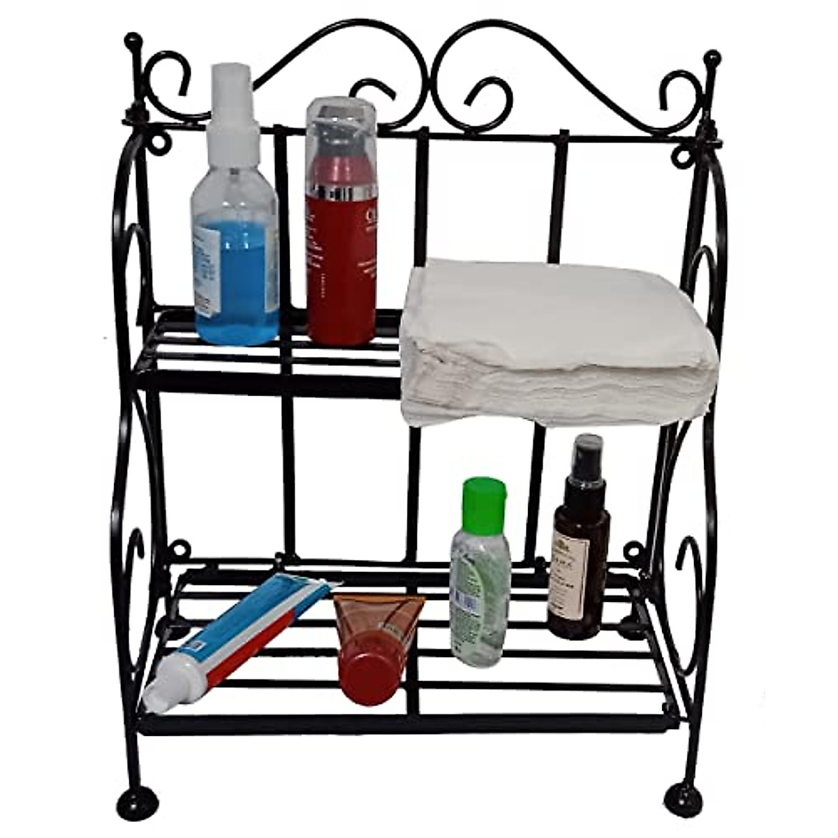 Purpledip Wrought Iron 2-Tier Foldable Table: Countertop Storage Shelf Rack Kitchen Bathroom Storage Organizer (12519)
