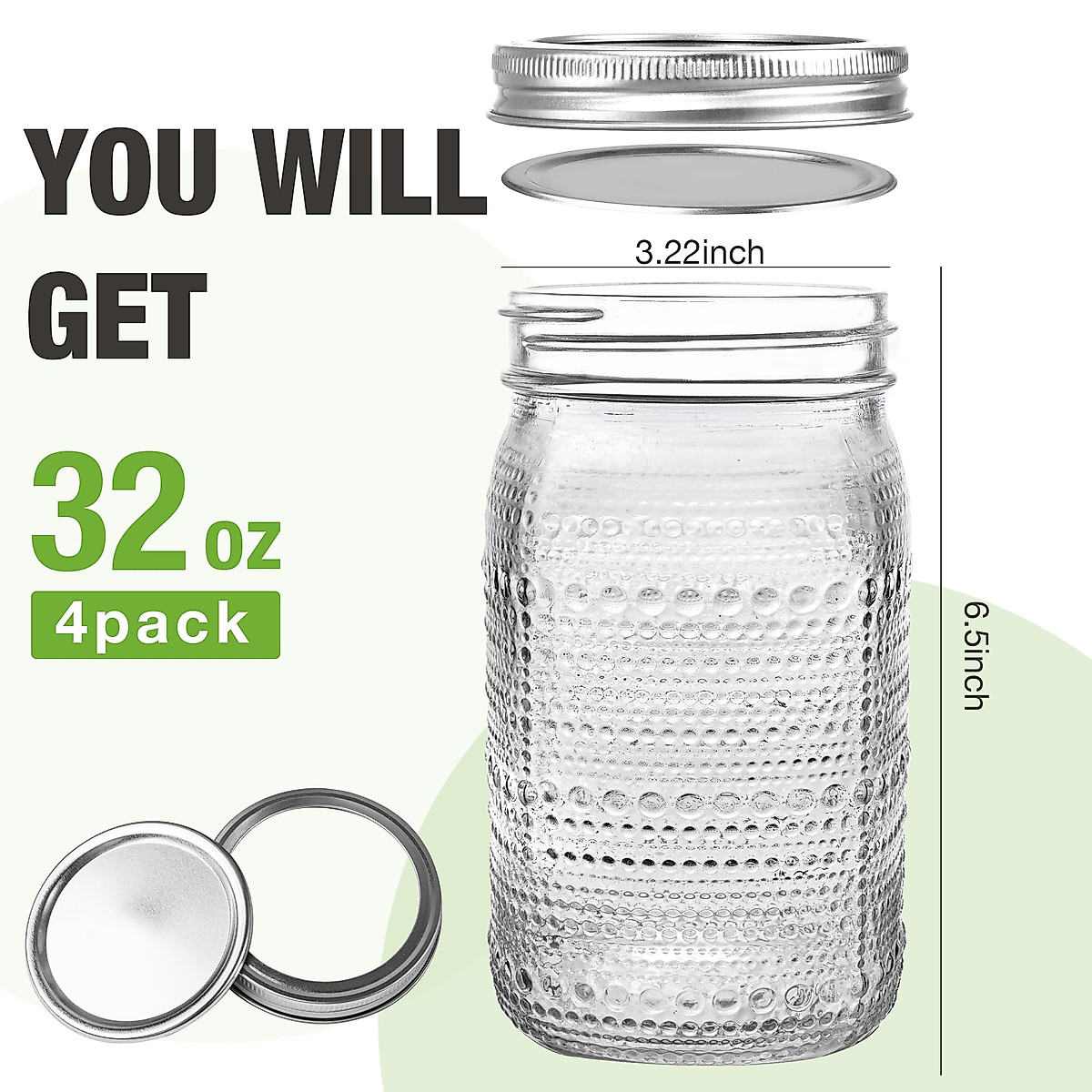 WACOI Mason Jars 32 Oz with Lids Wide Mouth 4 Pack, Glass Jars Canning Jars Large for Centerpieces Pickling Storage Food Meal Prep Salad Jam