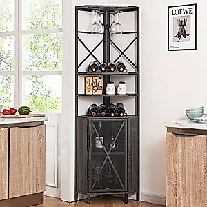 HOMISSUE 5-Tier Corner Shelf with Cabinet, Multipurpose Corner Shelf with Wine Rack and Bar Cabinet, Free Standing Corner Storage Cabinet for Living Room, Home Bar, Home Office, Balcony, Grey