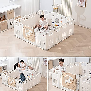 MERIT play Baby Playpen, Free-Installation Toddler Foldable Playpen with Basketball Hoop and Drawing Board for Kids, Adjustable Shape Safety Indoor Outdoor Portable Sturdy Play Yard(14 Panels)…