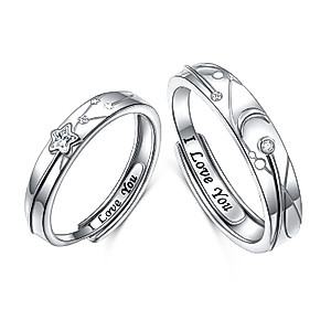 Matching Rings for Couples 925 Sterling Silver Adjustable Couple Rings Carved I LOVE YOU Promise Wedding Rings Set for Him and her Moon and star Jewelry Gift