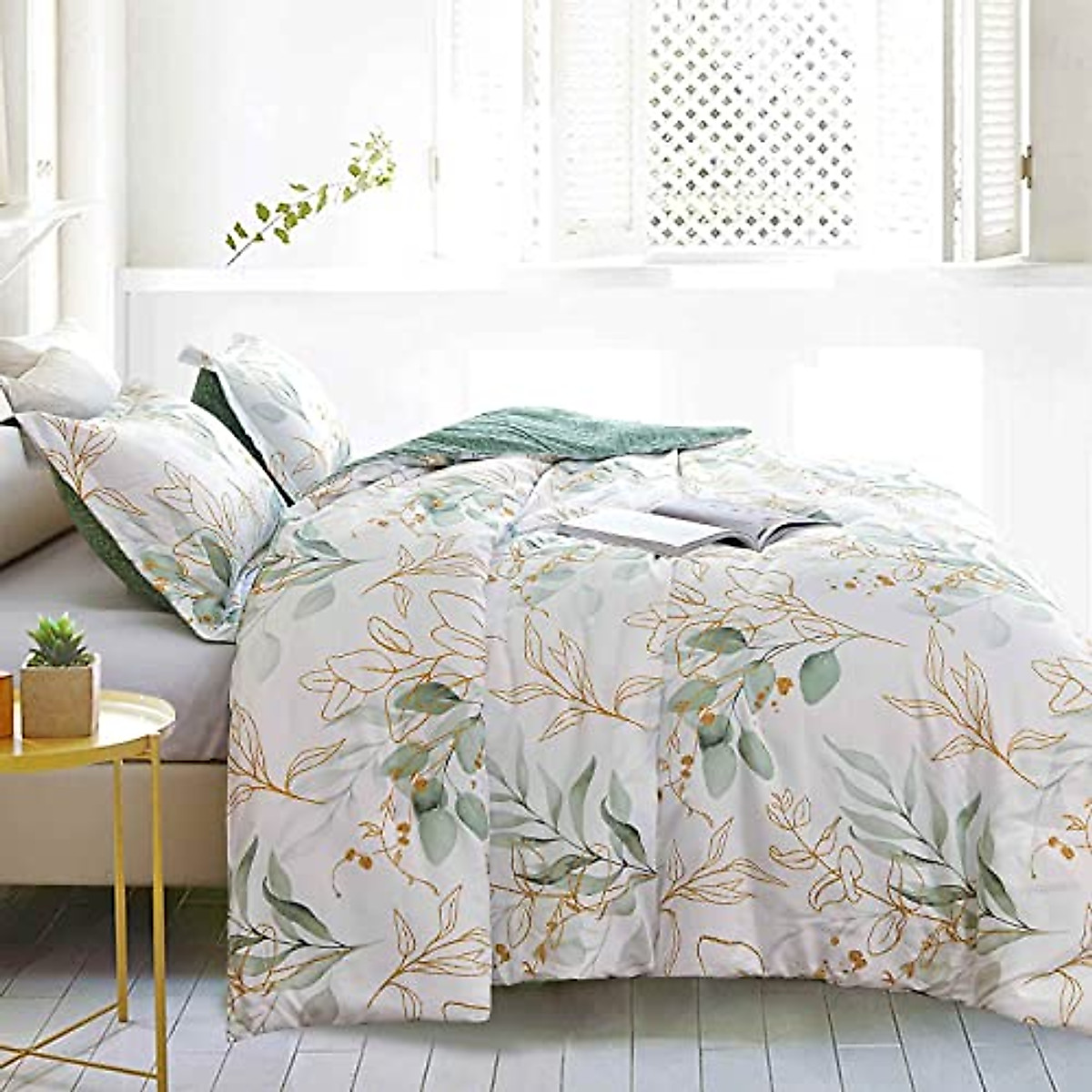Nanko Queen Size Comforter Set, Green Gold Floral Leaf Flower Print Pattern Down Alternative Comforter Microfiber Modern Bedding,All Season Duvet Bed Set in a Bag for Women Men, 3 Pcs,88 x 90 inch