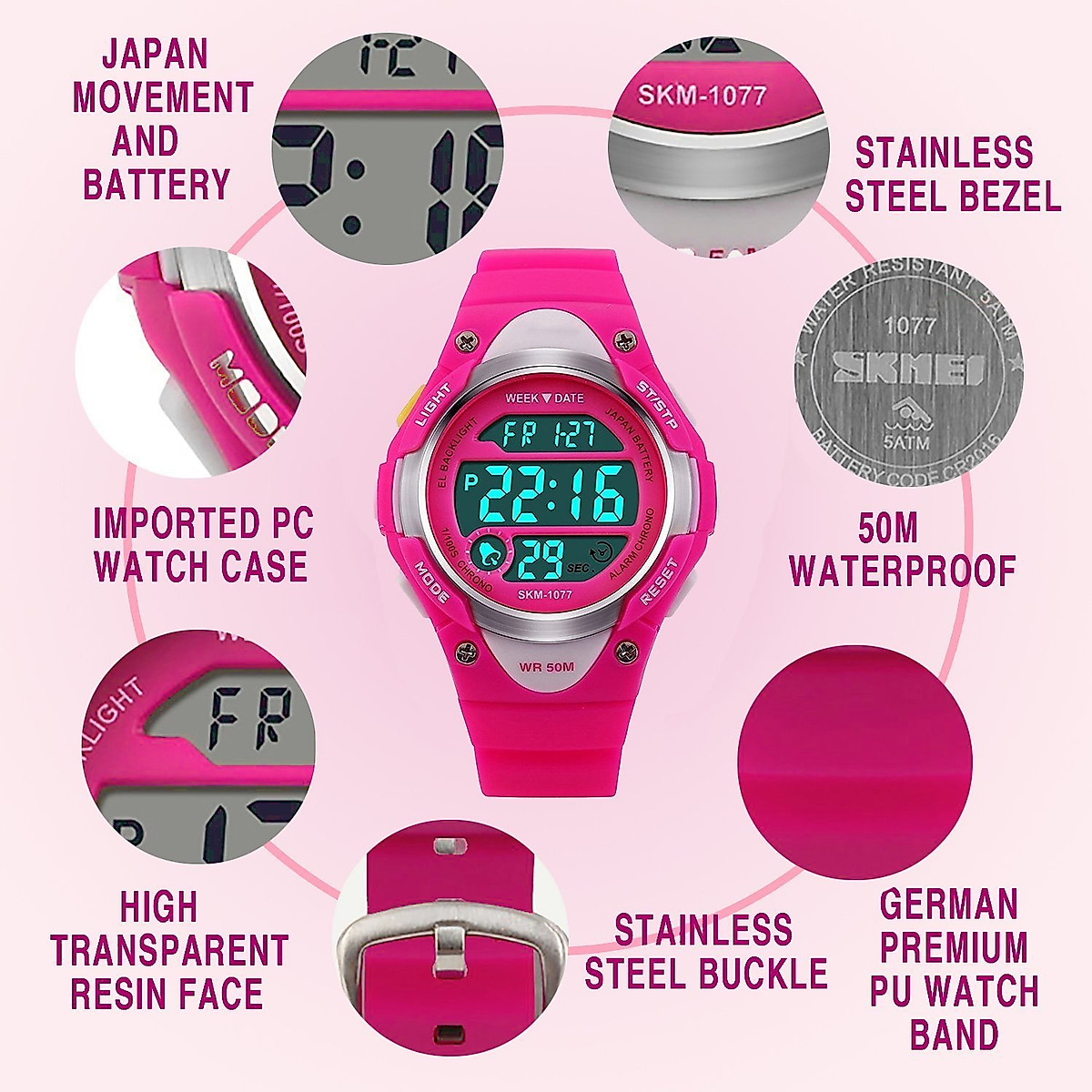 cofuo Girls Boys Digital Watch - Kids Sports Waterproof Outdoor Watches with Alarm Stopwatch Youth Children LED Electronic Wristwatch - Rose Red