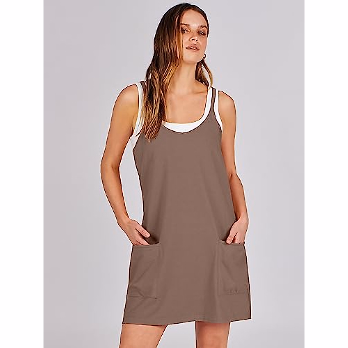 Caracilia Workout Dresses for Women 2023 Summer Casual Sleeveless Athletic Outfits Tennis Golf Sports Short Mini Dress with Built in Shapewear C112A5-qianka-L Coffee