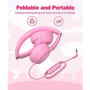 Link Dream Kids Headphones for School with Microphone Stereo On-Ear Folding 85/94dB Volume Control Child Headphones for Kids/Girls/iPad/Fire Tablet/PC/Travel, Pink