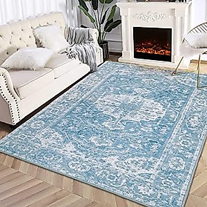 Fashionwu Washable Rug 8x10 Persian Area Rug Medallion Non-Slip Floor Mat Soft and Velvet Large Floor Cover for Bedroom Living Room 8x10 Rug Aesthetic Carpet Non-Shedding Anti-Slip Large Mat, Teal