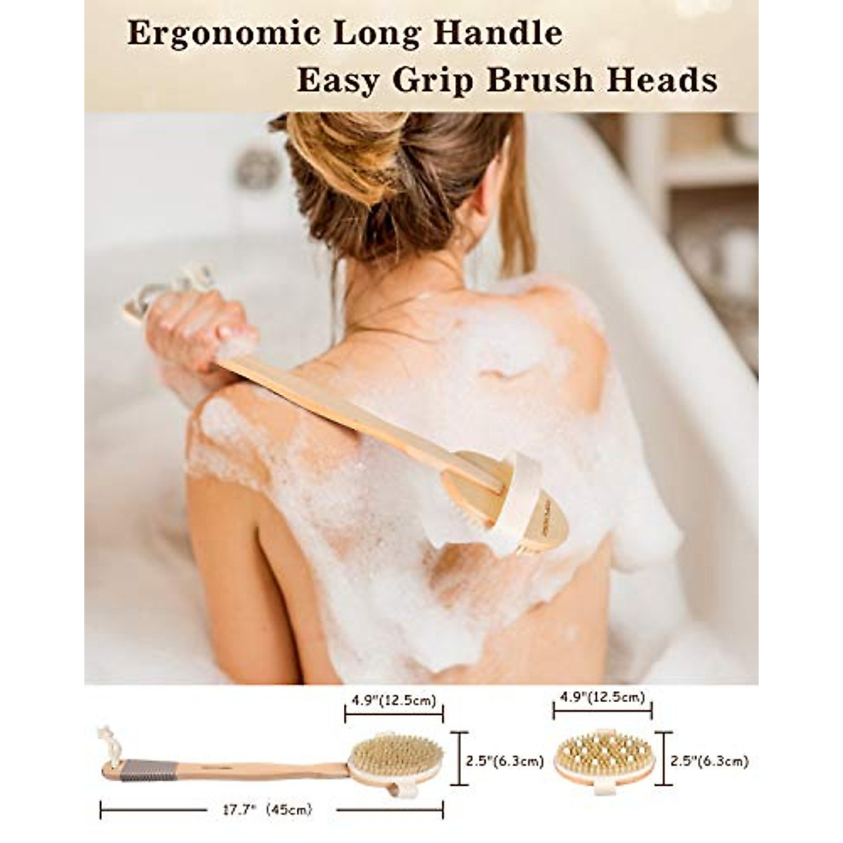 Shower Brush, POPCHOSE Detachable Dry Brushing Body Brush for Body Cellulite and Lymphatic, Back Scrubber for Shower Long Handle Natural Bristle Exfoliator Scrubber, Dual Brush Heads for Women & Man