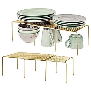 mDesign Adjustable Raised Metal 4-Piece Kitchen Stacking Organizer, Expanding Storage Rack - Cupboard, Pantry Shelf, Non-Skid Feet, Hold Dishes, Bowls, Mugs, Concerto Collection, 2 Pack, Soft Brass