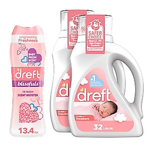Bundle of Dreft Stage 1: Newborn Hypoallergenic Baby Laundry Detergent Liquid Soap, 46 Fl Oz, (Pack of 2) + Dreft Blissfuls In-Wash Scent Booster Beads, Baby Fresh, 13.4 oz