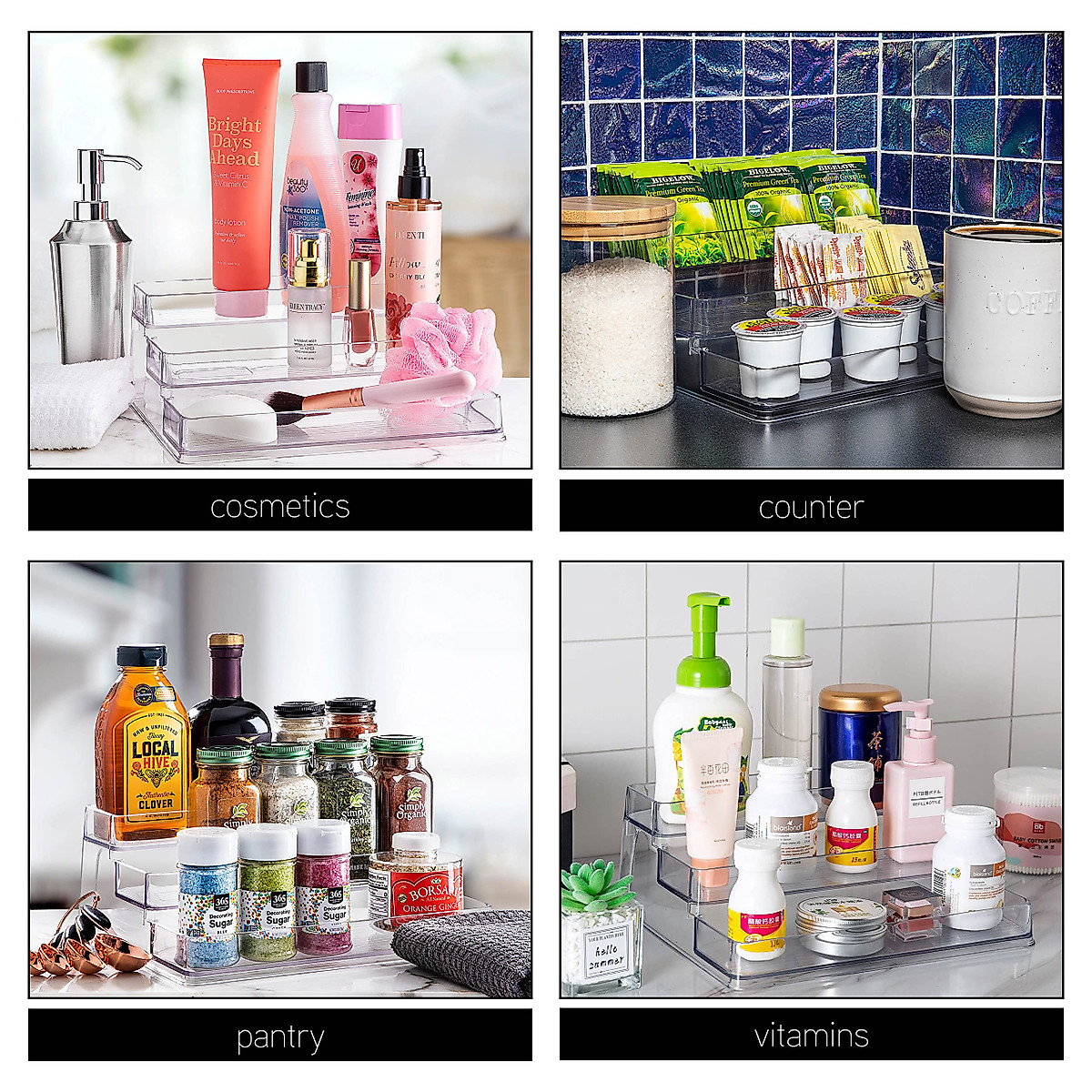 SIMPLEMADE Clear Spice Rack - 2 Pack Three-Tiered Shelf, Countertop, and Cabinet Storage and Spice Organizer for Kitchen, Bathroom, Bedroom, and Office, Home Storage and Organization Solutions