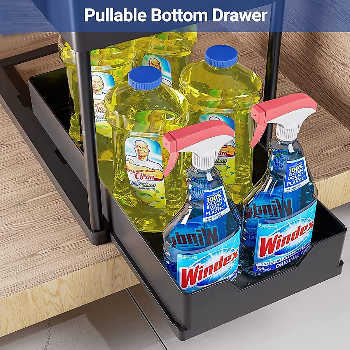Double Sliding Cabinet Organizer,Easy Access Slide Out Under Sink Organizer and Storage,2 Tier Under Cabinet Drawer Baskets Organizers for Bathroom Kitchen