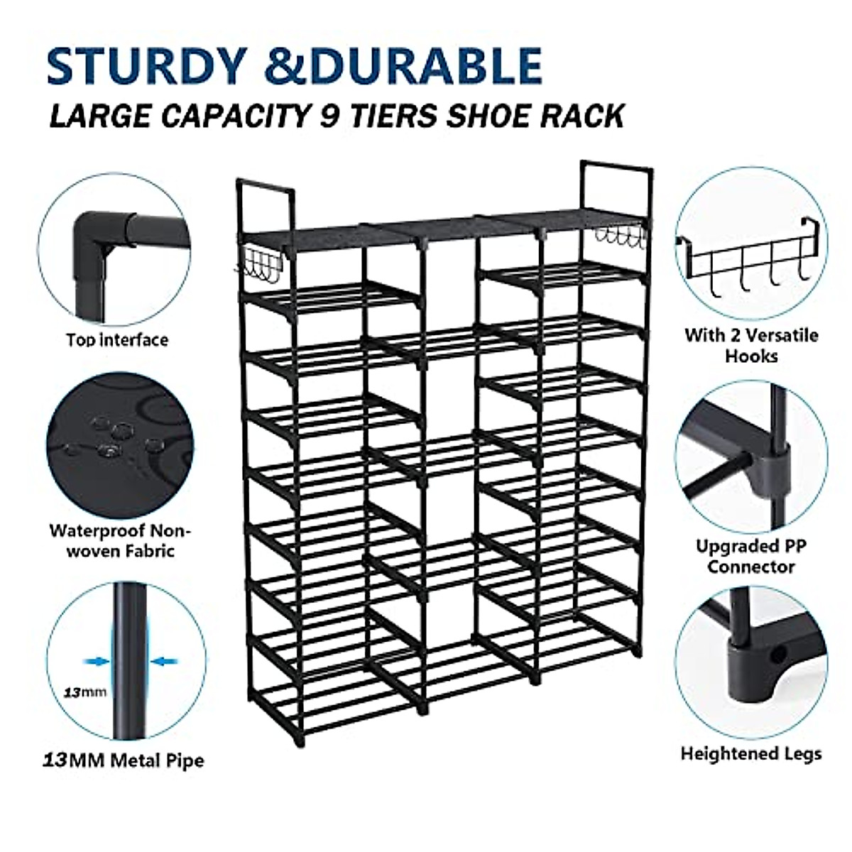 HOSTARME 9 Tiers Shoe Rack for Closet Entryway, Free Standing Racks Shelf Large Storge Organizer 50-55 Pairs and Boots with Versatile Hooks Hammer Bedroom Hallway, Black