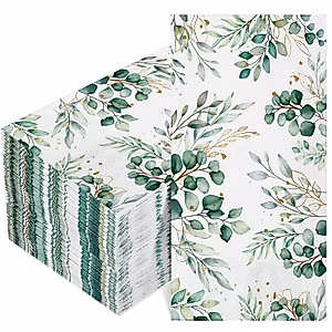 100 Pcs Eucalyptus Napkins 3 Ply Disposable Eucalyptus Leaf Paper Green Leaves Guest Towels Cocktail Napkins Greenery Paper for Home Party Birthday Baby Shower(8 x 4.3 Inch Folded)
