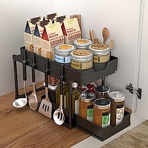 SAMODRA Under Sink Organizers and Storage, Kitchen Cabinet Storage 2 Tier Drawer Pull-able Basket Organizer Bathroom Storage Rack with Hooks, DIY Removable Dividers (Black-Double Drawer Pull-able)