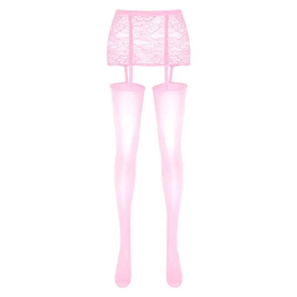 zdhoor Women's Sexy Lingerie Sheer Mesh Lace Tulle Micro Skirts with Suspender Garter Belt Stockings Pink Medium