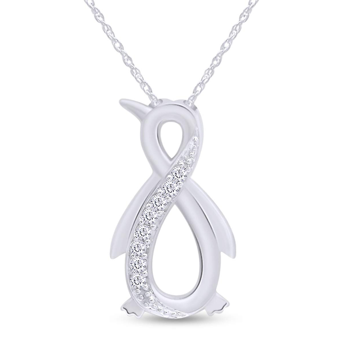 THE JEWEL ZONE 1/10 Carat White Natural Diamond Penguin Infinity Penadnt Necklace 10k Solid White Gold (0.10 Cttw)