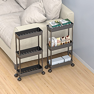 Sooyee 3 Tier Rolling Cart with Wheels,Slim Storage Cart,Narrow Storage Cabinet,Under Desk Storage,Rolling Utility Cart Storage Organizer for Office Bathroom Kitchen Laundry Room Narrow Places, Black