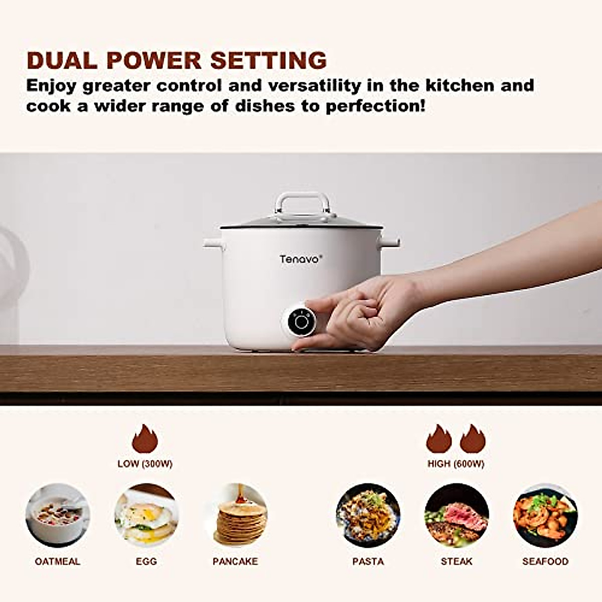 Tenavo Electric Hot Pot with Handle, 1.5L Mini Electric Cooker for Stir Fry, Noodles, Pasta, Nonstick Frying Pan for Sauté, Dual Power Control Ramen Cooker for Dorm and Office