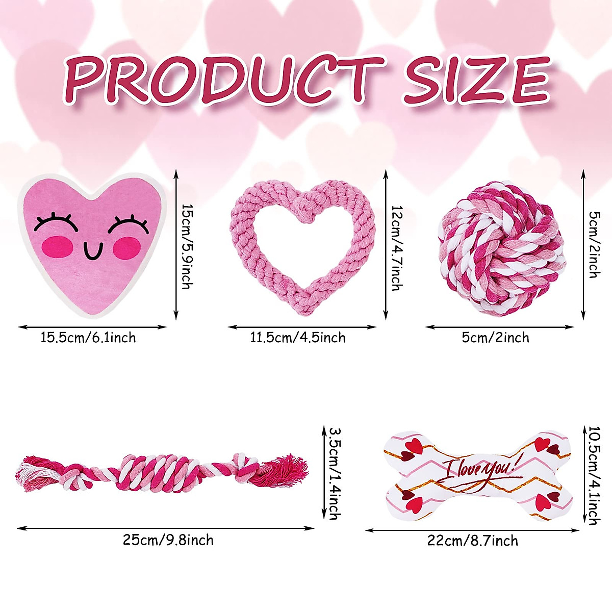 Whaline 5 Pack Valentine's Day Dog Toy Kit Puppy Chew Pink Heart Squeak BoneBall Shaped Cotton Rope Chewing for Small Medium Puppy Teeth Cleaning Supplies