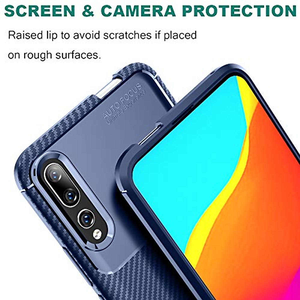 Phone Case for Huawei Y9 Prime 2019 with Tempered Glass Screen Protector Cover and Cell Accessories Slim Thin Rugged Soft TPU Silicone Carbon Fiber Hawaii Enjoy 10 Plus Cases Women Girls Men Boys Blue