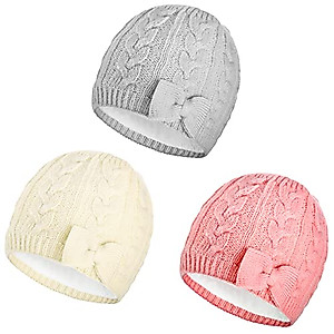 SATINIOR 3 Pieces Fleece Lined Baby Beanie Hat with Bow, Infant Newborn Toddler Kids Winter Warm Knit Cap for Boys Girls (Beige, Pink, Grey,0-6 Months)