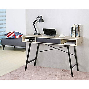 JJS 48" Home Office Writing Desk with Drawers, Modern Computer Study Wooden Desk Table Laptop PC Workstation with Storage, Mid Century Black