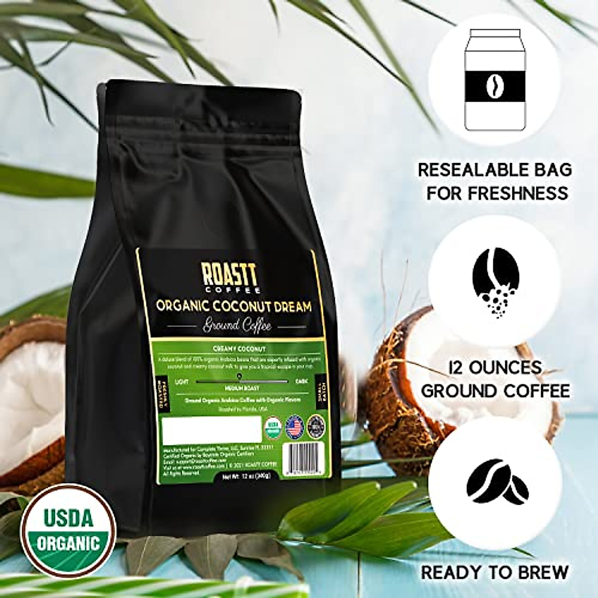 Coconut Coffee | Toasted Coconut Ground Coffee | Gourmet Medium Roast Organically Flavored Coffee Ground | Caffeinated Organic Toasted Coconut Coffee - 12 Ounce Roasted Flavored Coffee Grounds by Roastt Organic