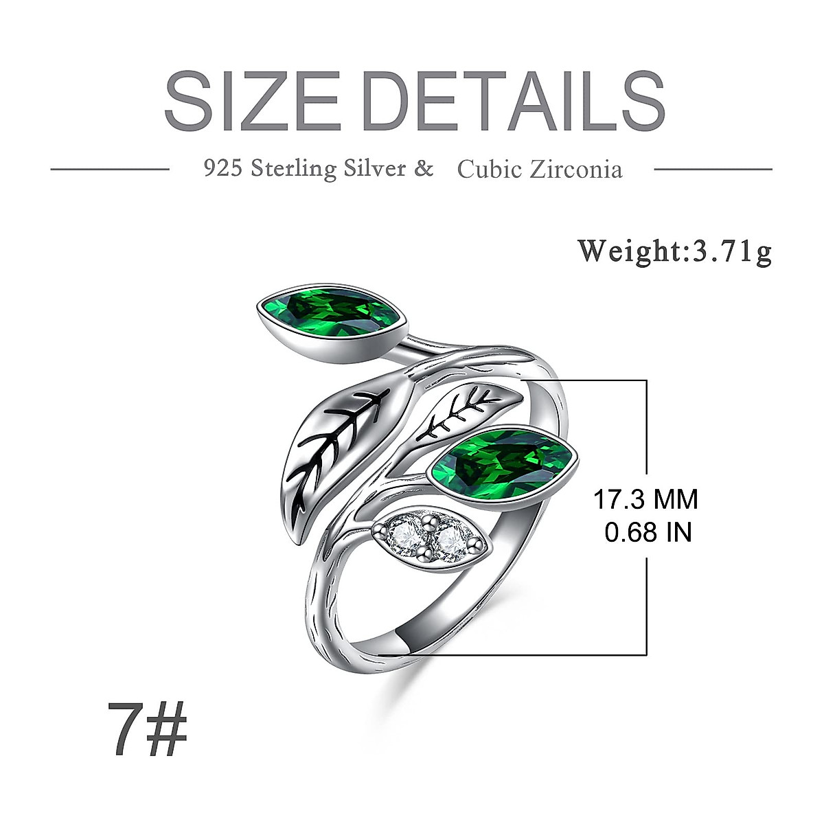 AOBOCO 925 Sterling Silver Emerald Green Rings for Women CZ Leaf Birthday Ring Jewelry Packaged with Jewelry Box Mothers Day Gifts Adjustable ring dimensions for Women Wife(6# to 9#)