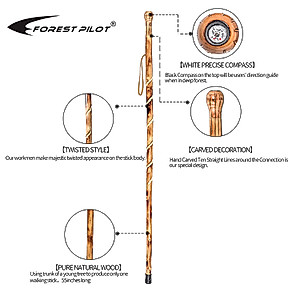 FOREST PILOT Big Ball Head Twisted Style Wooden Walking Stick for Hiking with Compass (Nature Color, 48 Inches, One Piece)