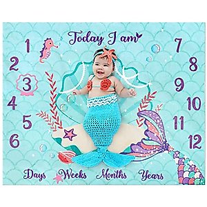 Eunikroko Mermaid Baby Monthly Milestone Blanket Mermaid Fleece Blankets Baby Girls Pictures Growth Tracker Photography Background Weeks Months with Props for Newborn Infants Shower Gift (50” x 40”)