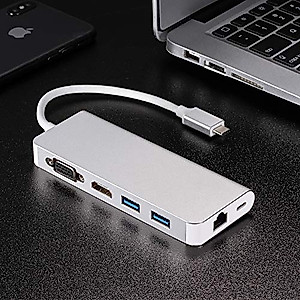 PANUSBGHUB USB 3.0 Hubs 6 in 1 Type C Hub Type-C to HDMI VGA RJ45 Dual USB3.0 PD Charging Port Adapter Cable Converter for Laptop MacBook(Silver) (Color : Black)