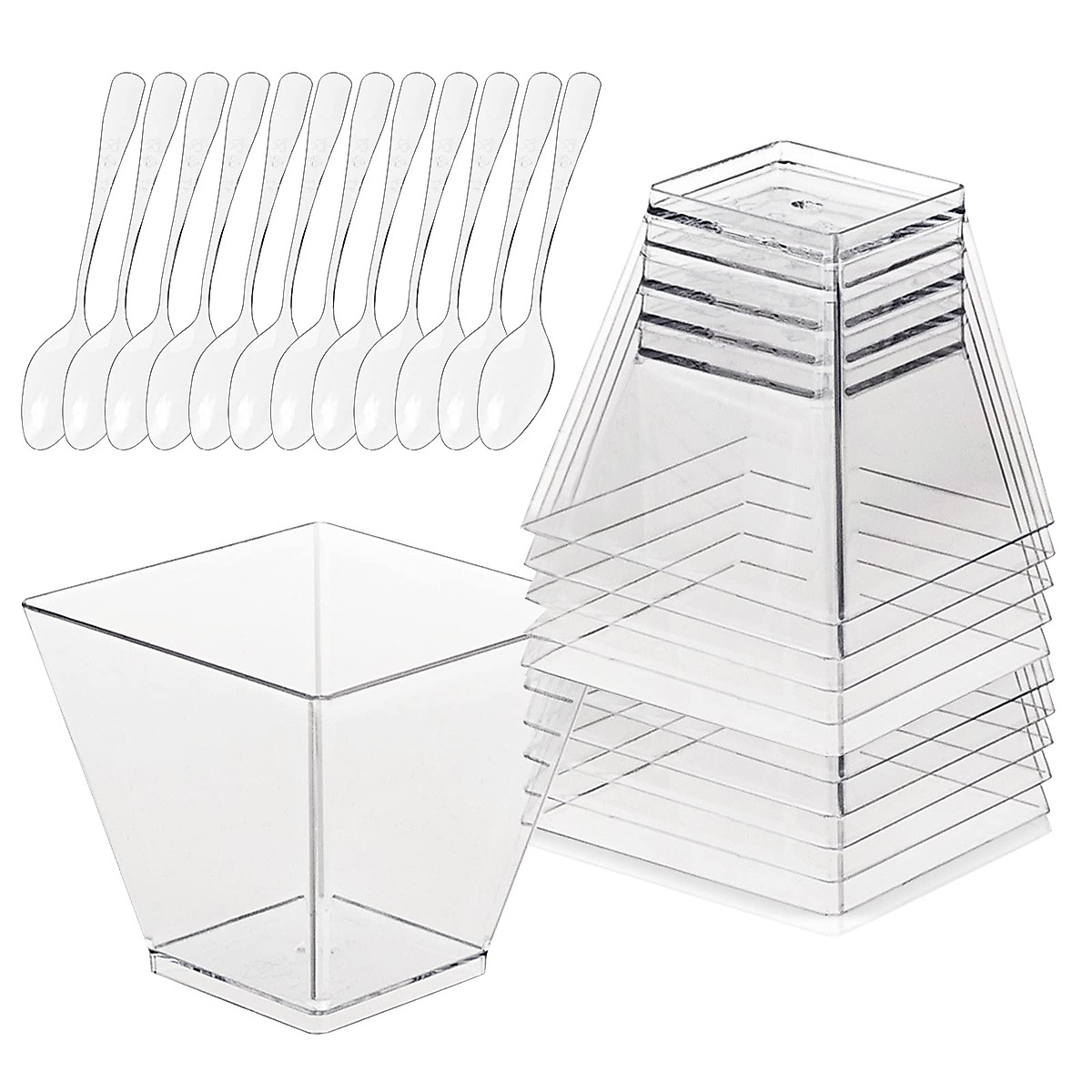 HOUSEEN Dessert Cup, 50pcs Dessert Cups Container 58ml with Spoons, Cake Serving Bowl Mini Appetizer Bowls Clear Parfait Cups for Party Event and Catering