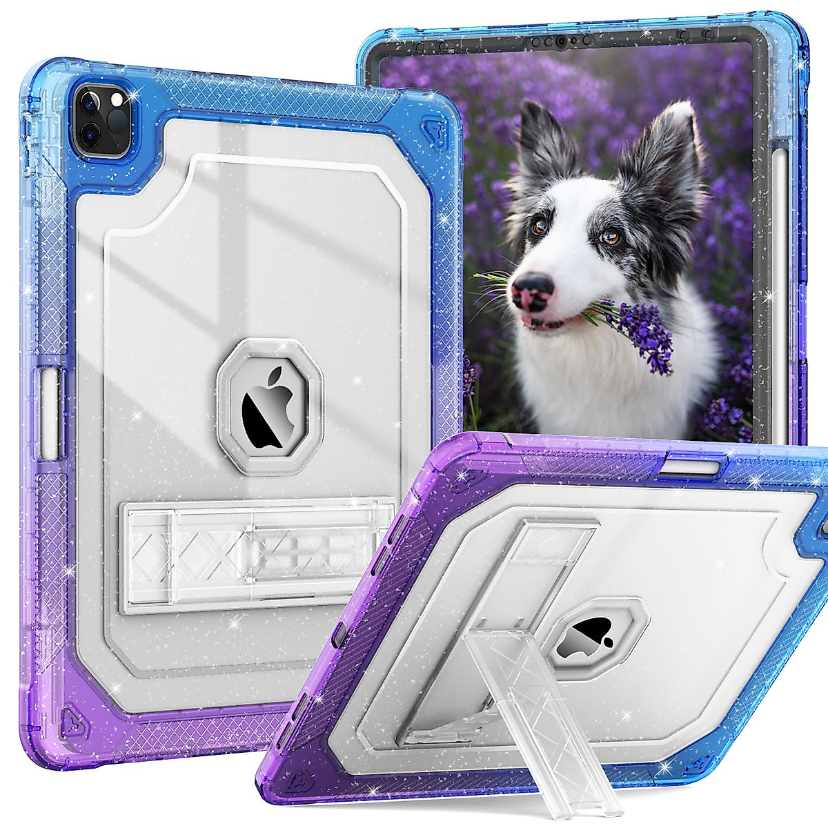 ZoneFoker for iPad Pro 12.9 Case 6th/5th/4th/3rd Generation 2022/2021/2020/2018, 12.9 Inch iPad Pro Case Cover with Pencil Holder, Sturdy Lightweight with Kickstand for Kids Girls, Blue Purple