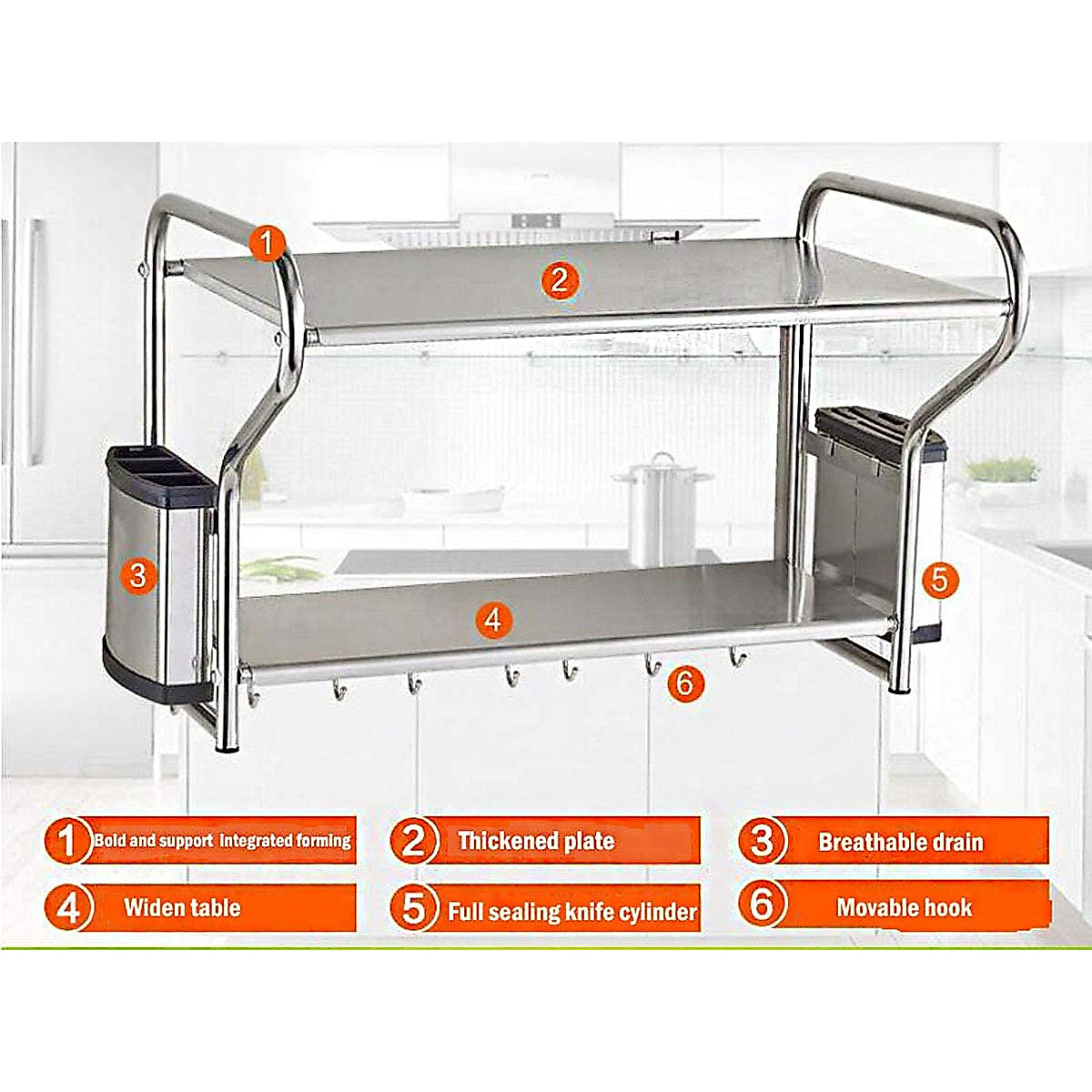 INTBUYING 2 Layer Microwave Oven Wall Mount Shelf Stainless Steel Kitchen Storage Organization with Removable Hooks