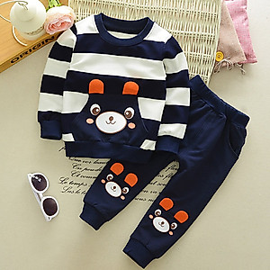 Kids Clothes Set for 2-5 Years Old,Kids Toddler Baby Girl Boy Autumn Winter Warm Striped Bear Tops+Pants Outfits (2-3 Years Old, Navy)