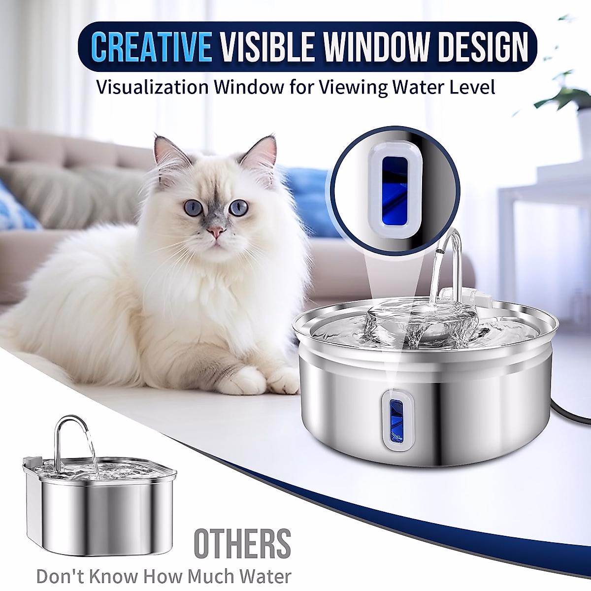 SlowTon Cat Water Fountain Stainless Steel - 3.2L/108oz Large Quite Pet Fountain, Automatic Cat Fountain Dog Water Dispenser with Water Level Window and Replacement Filters, Suitable for Cats, Dogs