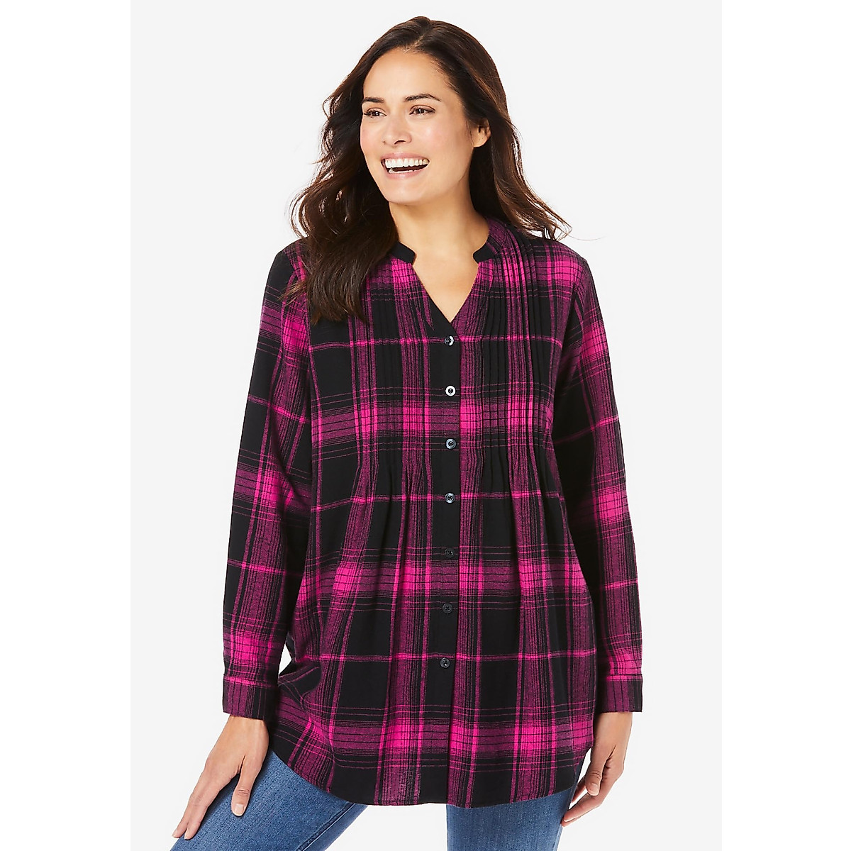 Woman Within Women's Plus Size Pintucked Flannel Shirt - 2X, Vivid Red Buffalo Plaid