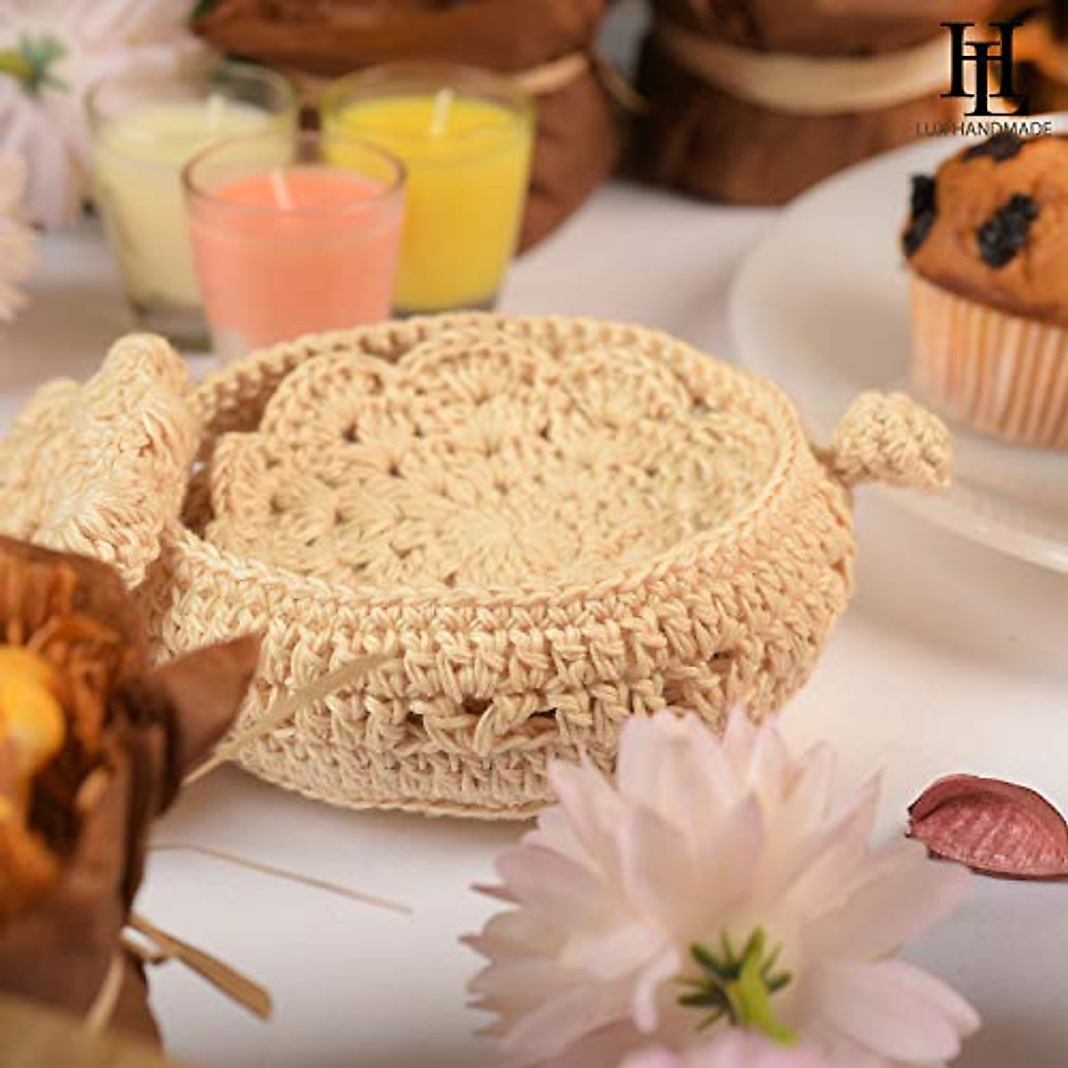 Crochet Doilies 4 Inch Coaster Set, Doily Crochet Coasters Set with Holder, Dollies Crochet Coasters for Wedding Decorations, Outdoor Coasters for Patio Table, Pack of 7, Beige