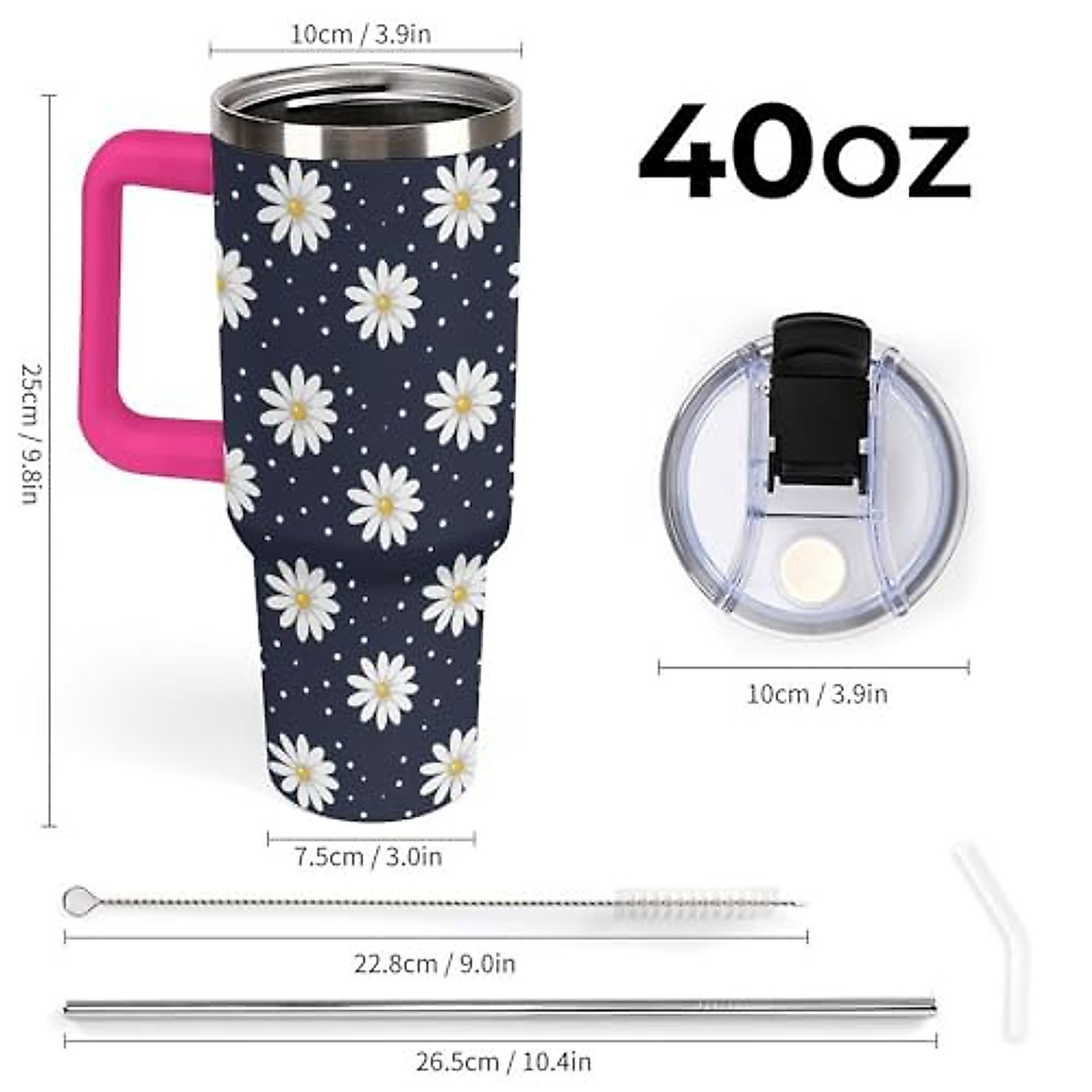 White Daisies Circles 40 Oz Tumbler Insulated Stainless Steel Water Bottle Travel Mug Car Cup with Handle And Straw